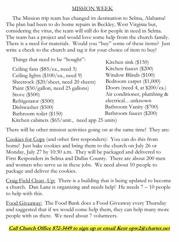 Mission Week - Cornerstone Presbyterian Church Selma